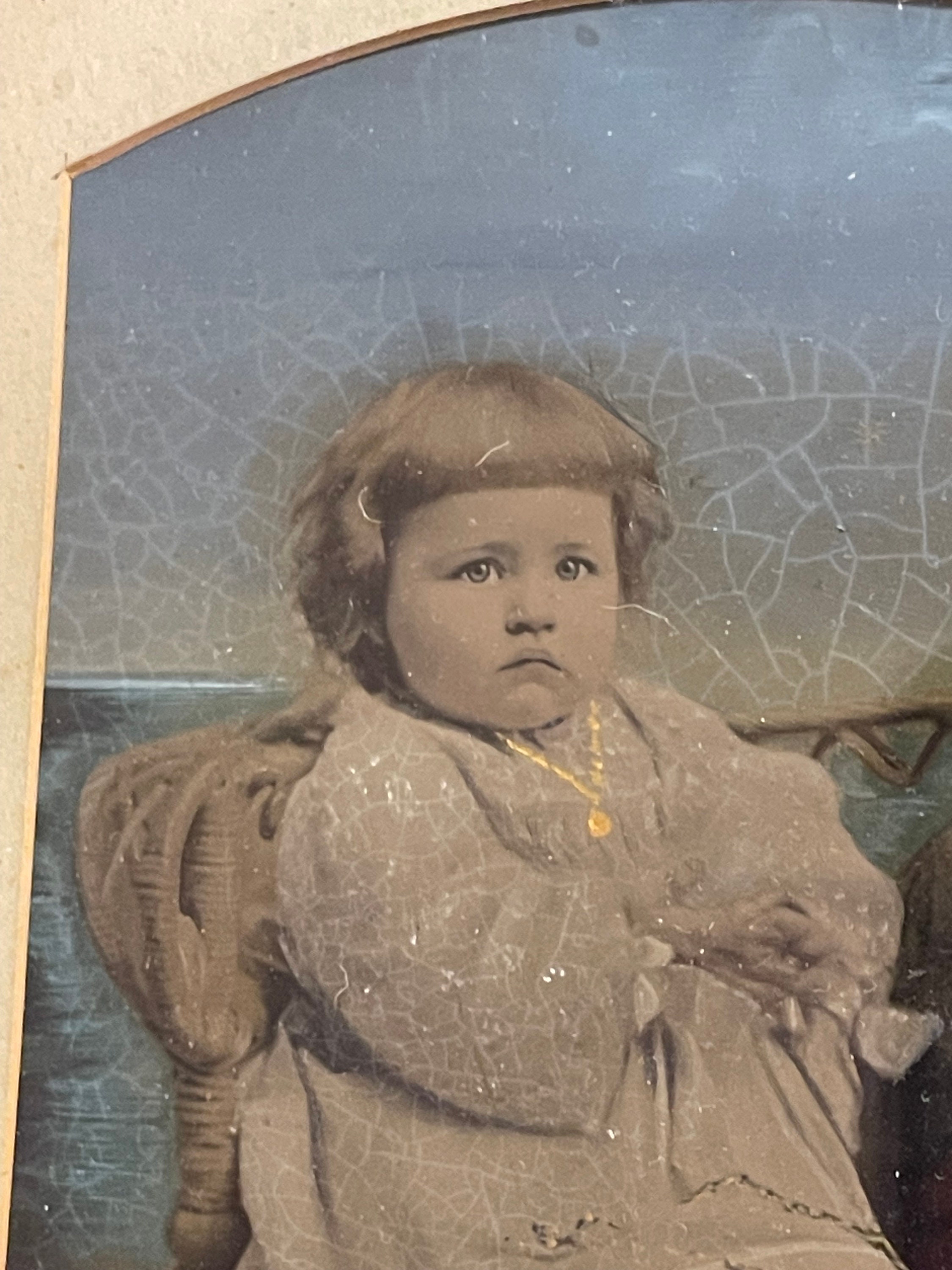 Large Antique Hand Tinted Photograph Portrait Little Girl & Dog W ...