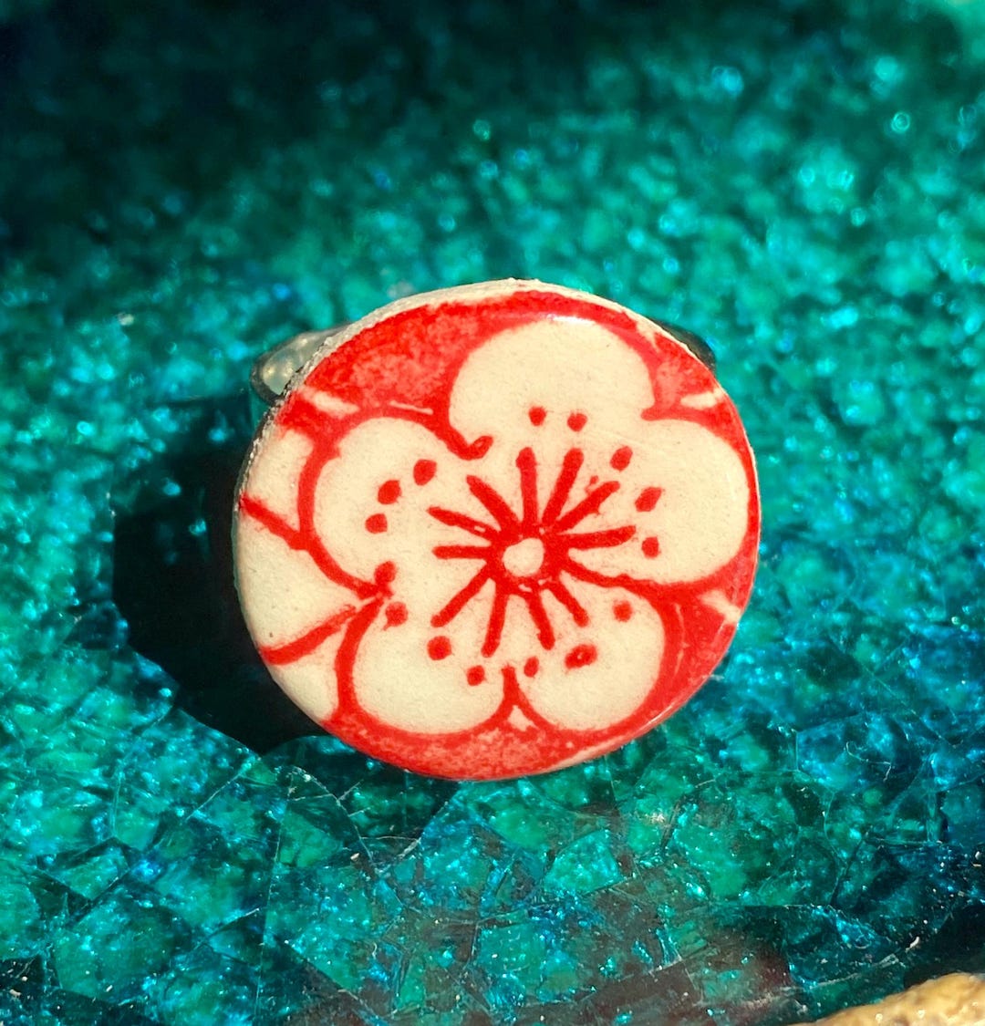 Japanese Flower Pattern Ring, Red Flower Ring, Small Unique, Ceramic ...