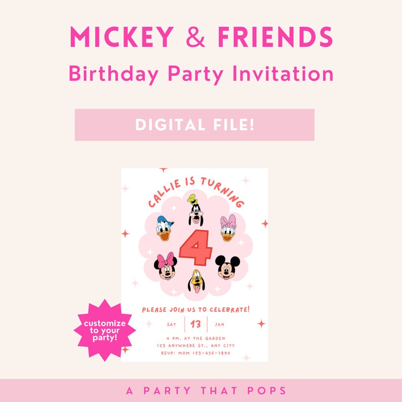 Mickey Mouse Birthday Invitation, Girly Mickey Mouse Party, Mickey ...