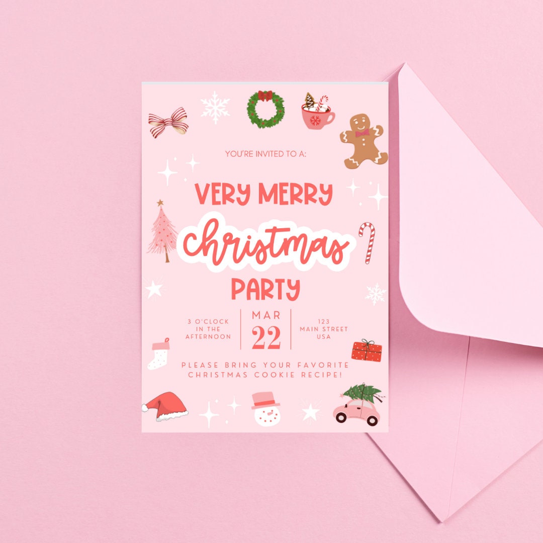 Christmas Birthday Invitation, Christmas Party Invite, Editable, Pink ...