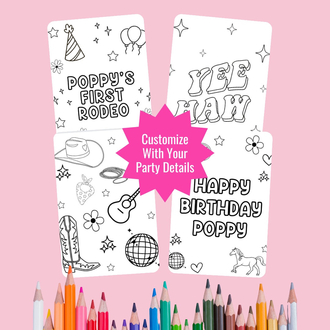 Disco Cowgirl First Rodeo Coloring Sheets: Editable Birthday Party (PDF ...