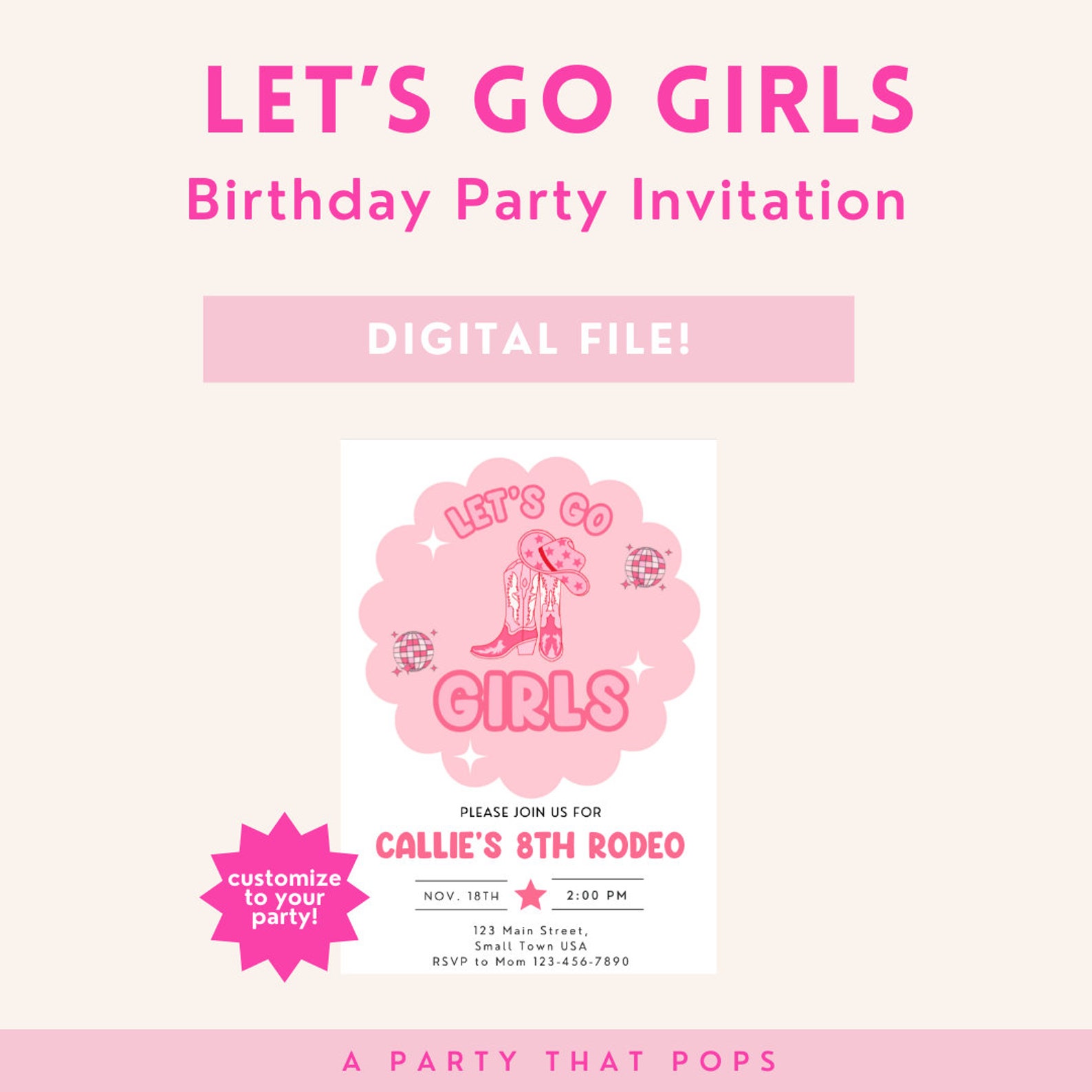 Lets Go Girls Birthday Invitation, Disco Cowgirl Birthday Invite ...