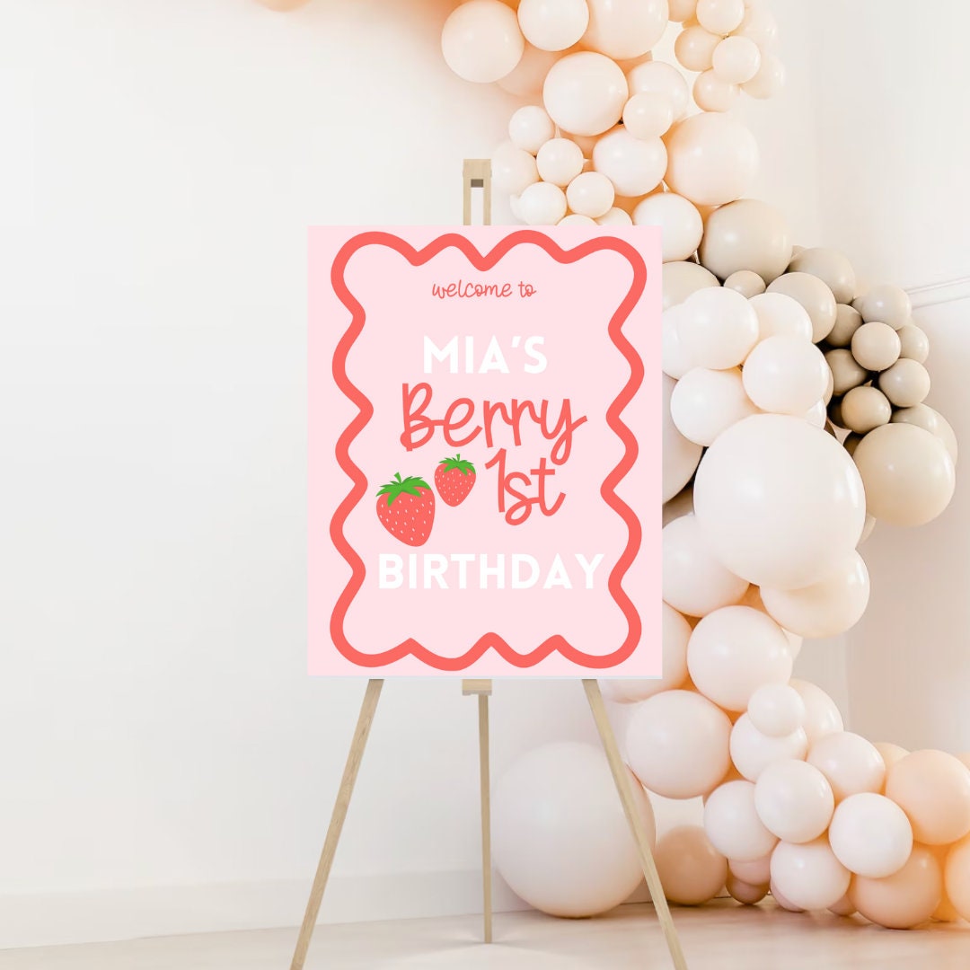 Strawberry 1st Birthday Welcome Sign: Berry Sweet Party Decor (digital ...