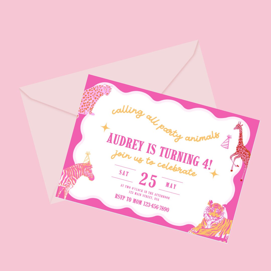 Editable Party Animals Birthday Invitation, Preppy Pink, Cheetah Print ...