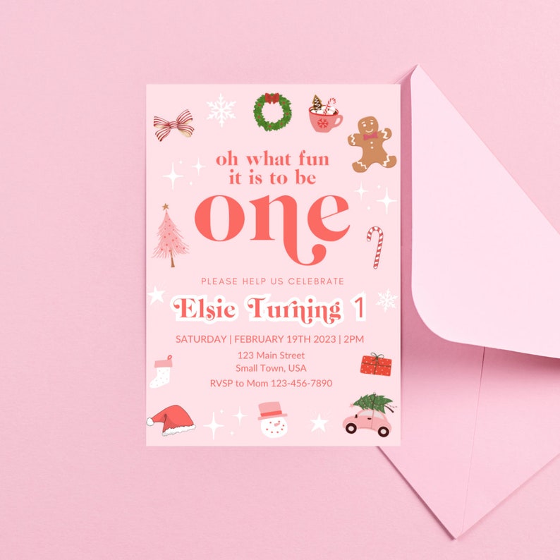 Christmas First Birthday Invitation: Pink Holiday Party (editable Canva ...