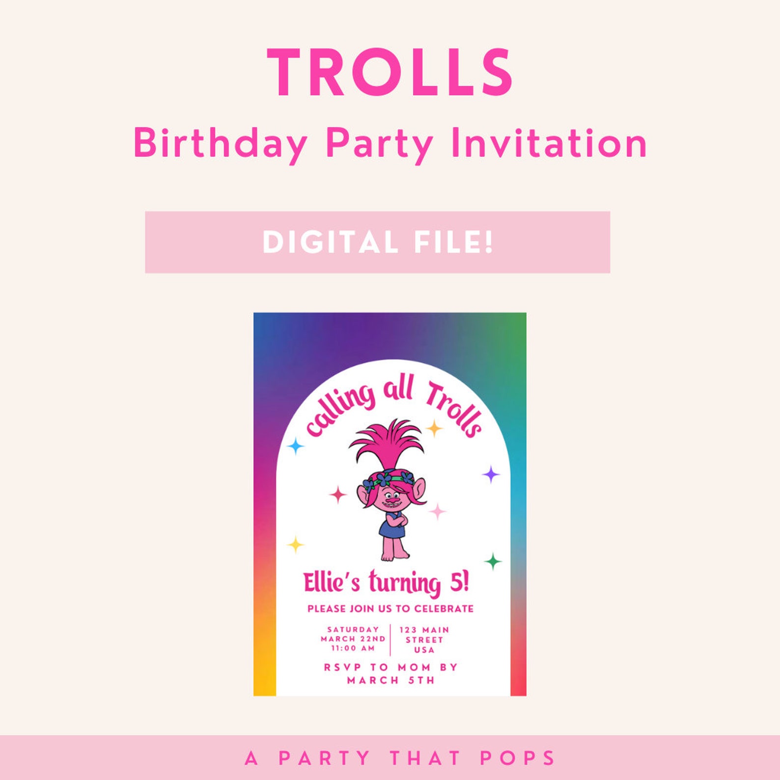 Trolls Birthday Invitation, Printable Kids Birthday Party Invite ...