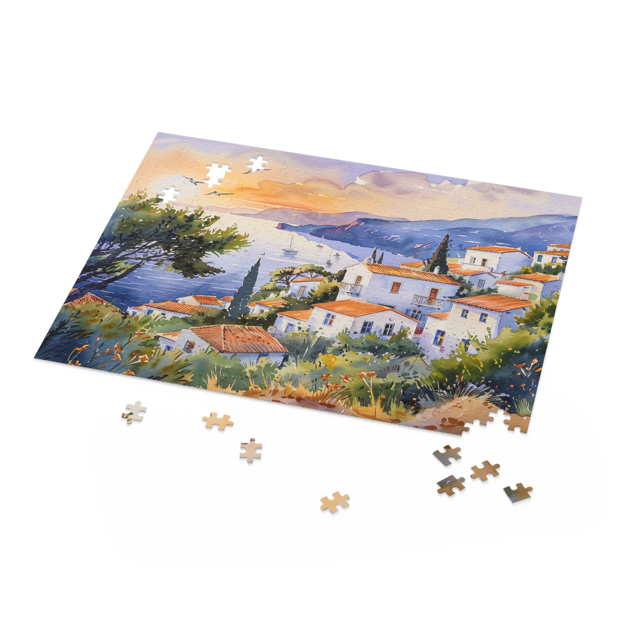 Watercolor Seaside Sunset Jigsaw Puzzle Ocean Puzzle Greece Oceanside ...