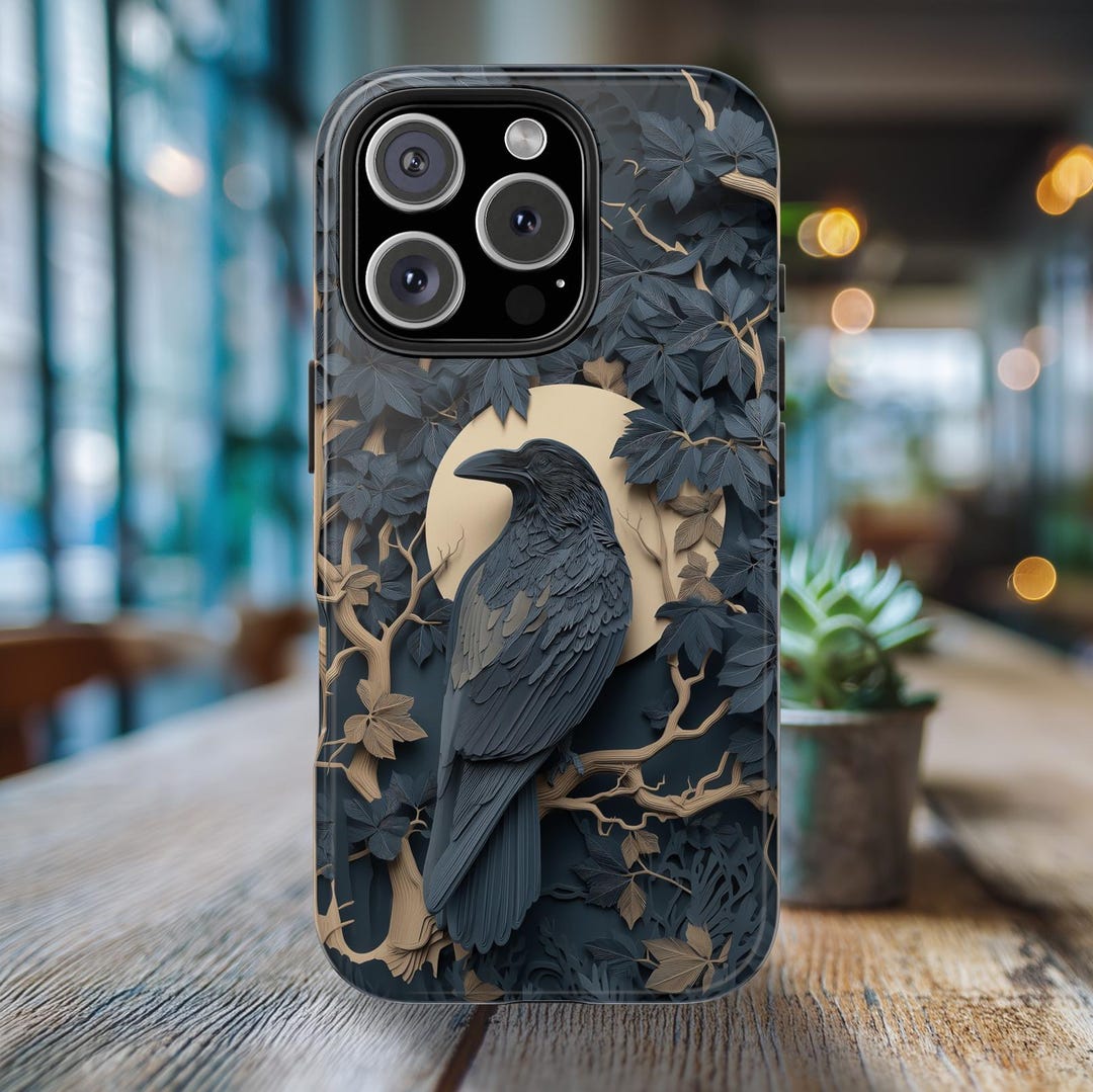 Raven Magsafe iPhone Case - Faux 3D Art - Crow in Forest Full Moon ...