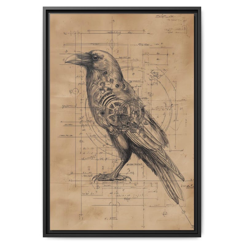 Mechanical Raven Blueprint Art – Steampunk Bird Anatomy Print ...
