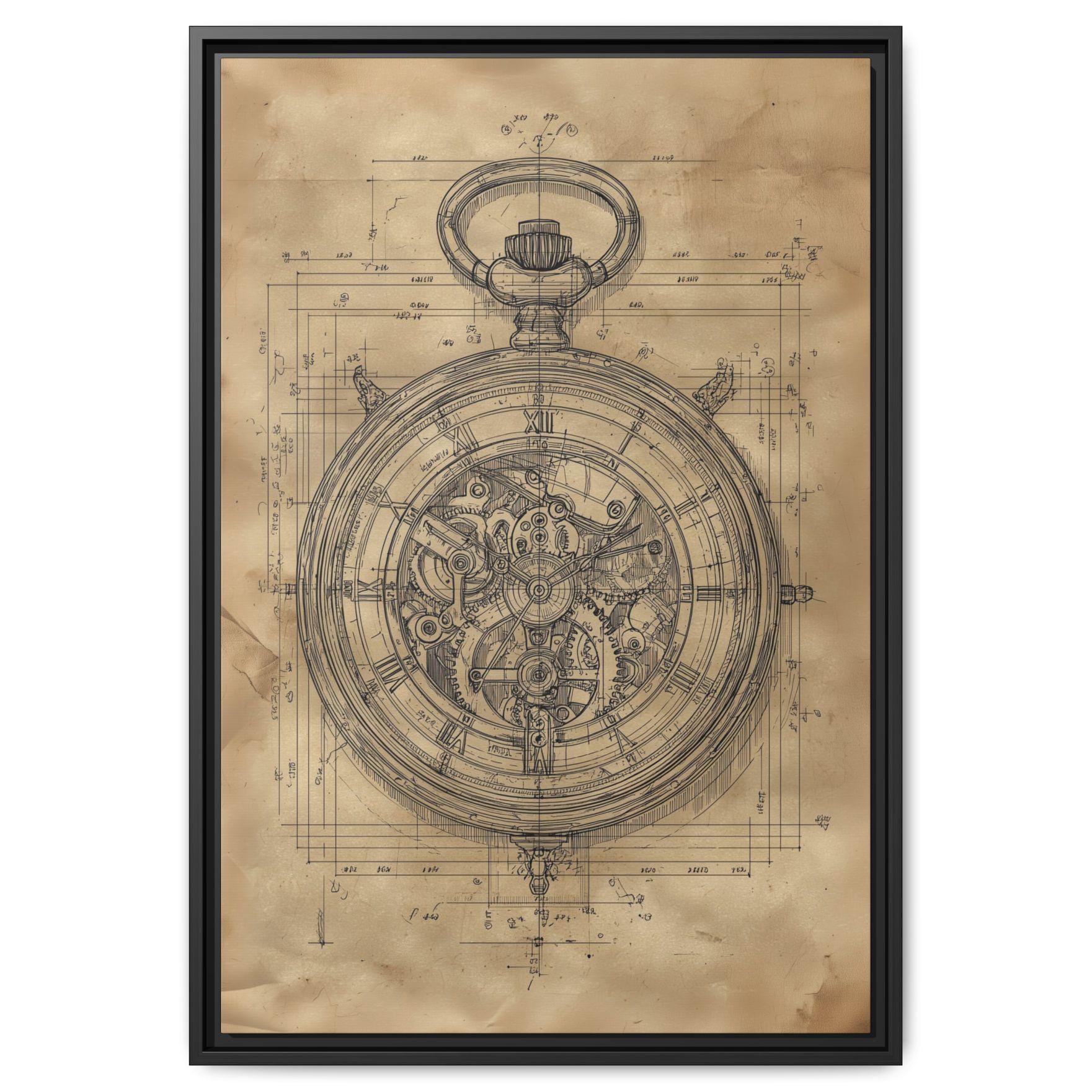 Steampunk Pocket Watch Blueprint Wall Art – Vintage Gear Clockwork ...