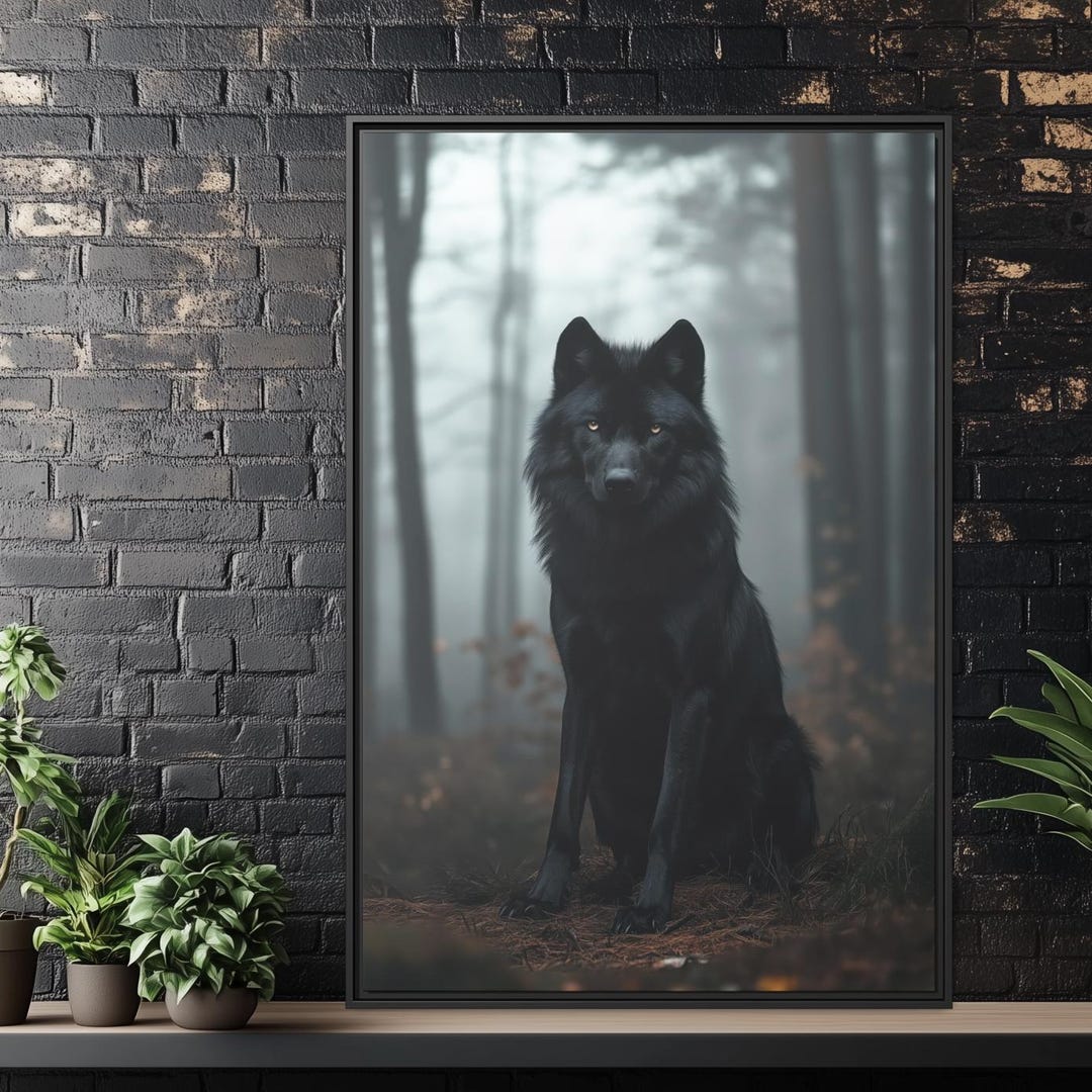 Black Wolf Art Print, Mystical Wildlife, Moody Dark Forest, Eerie Dark ...