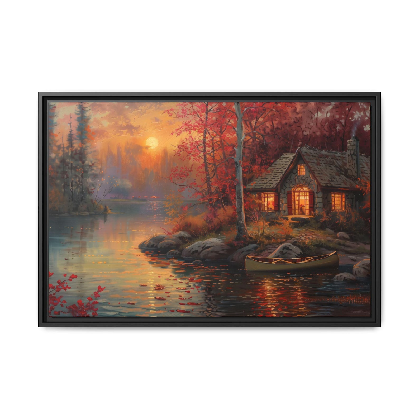 Rustic Cabin in Woods Wall Decor With Canoe in Lake at Sunset in Autumn ...