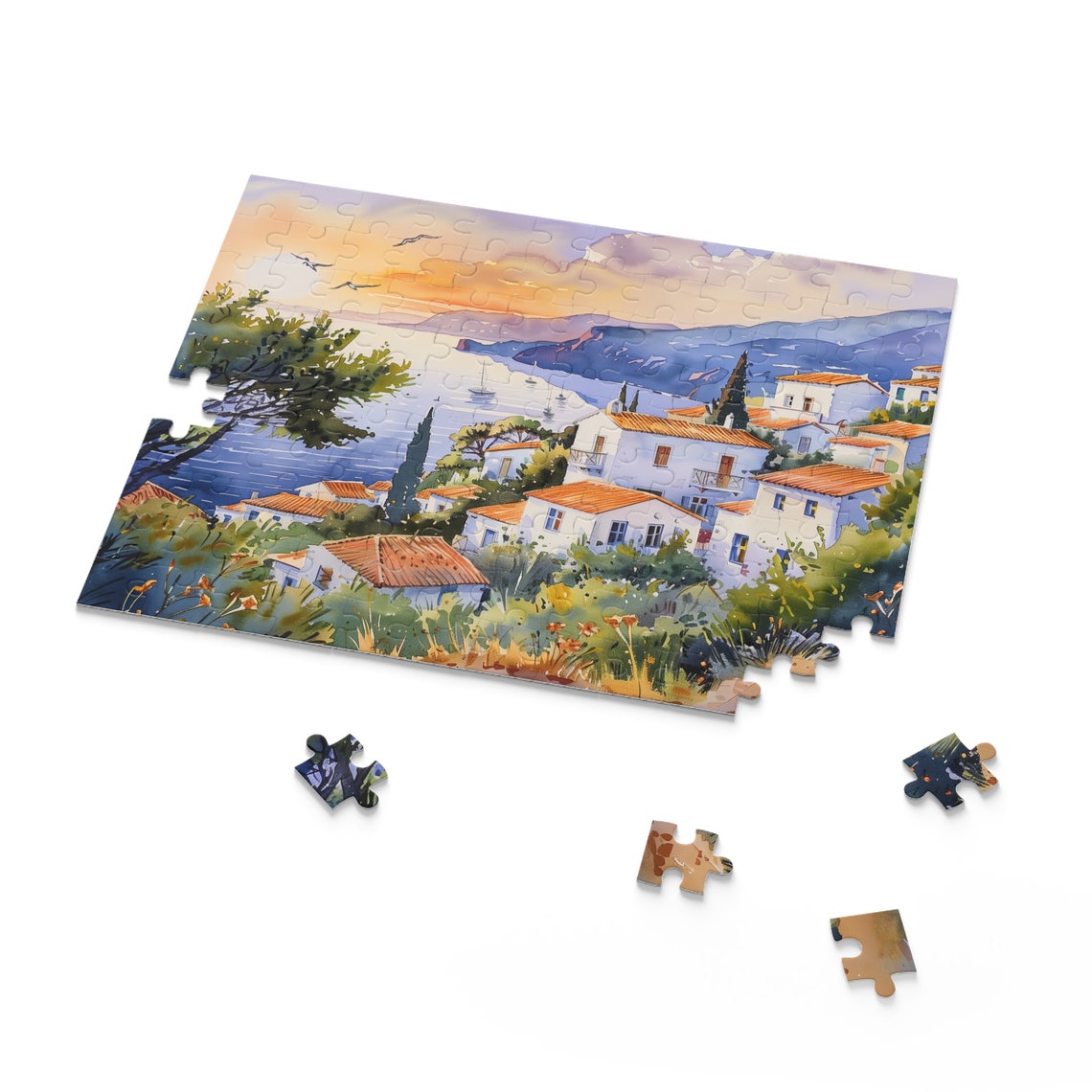 Watercolor Seaside Sunset Jigsaw Puzzle Ocean Puzzle Greece Oceanside ...