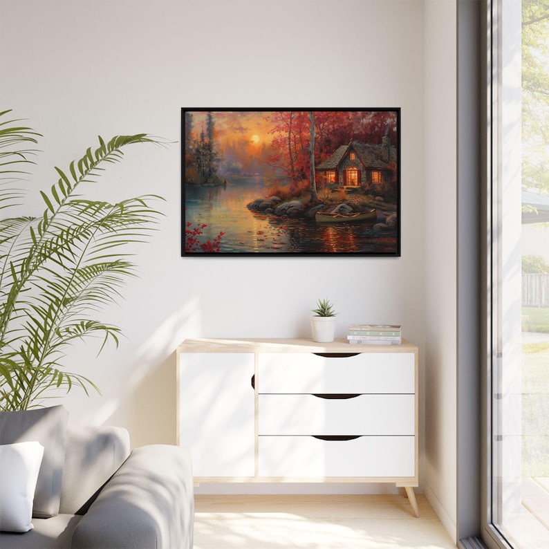 Rustic Cabin in Woods Wall Decor With Canoe in Lake at Sunset in Autumn ...