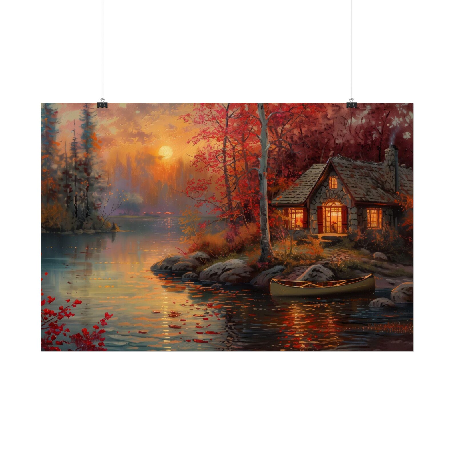 Rustic Cabin in Woods Wall Decor With Canoe in Lake at Sunset in Autumn ...