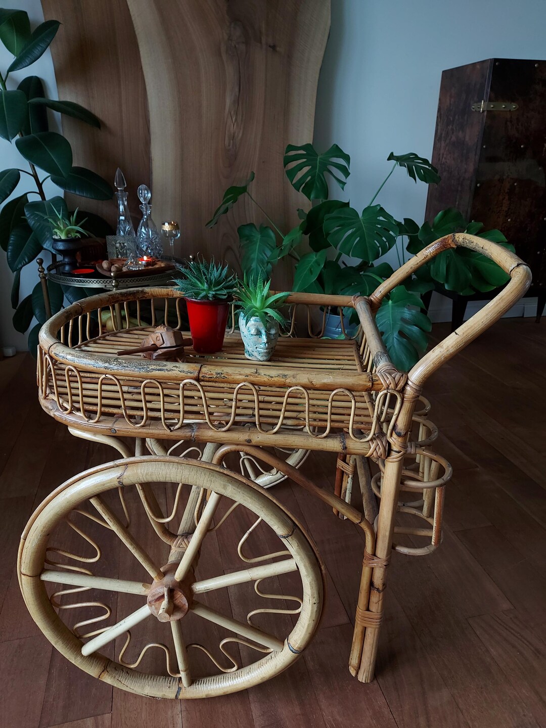 Rare 1950s French Rattan Bar Cart, Audoux Minet Style, Large Wheel Boho ...