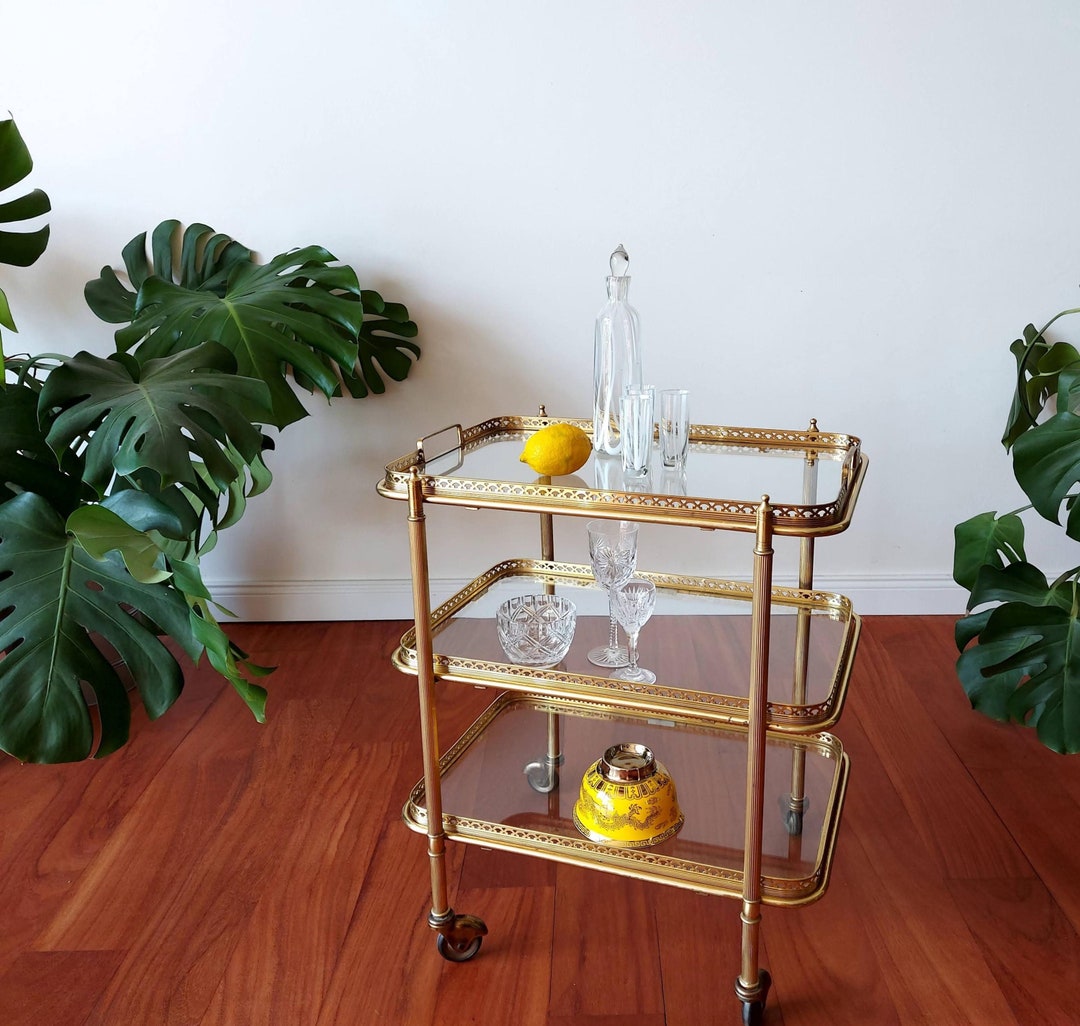 Mid-century French Gilt Brass Three-tiered Bar Cart on Wheels, Highly ...