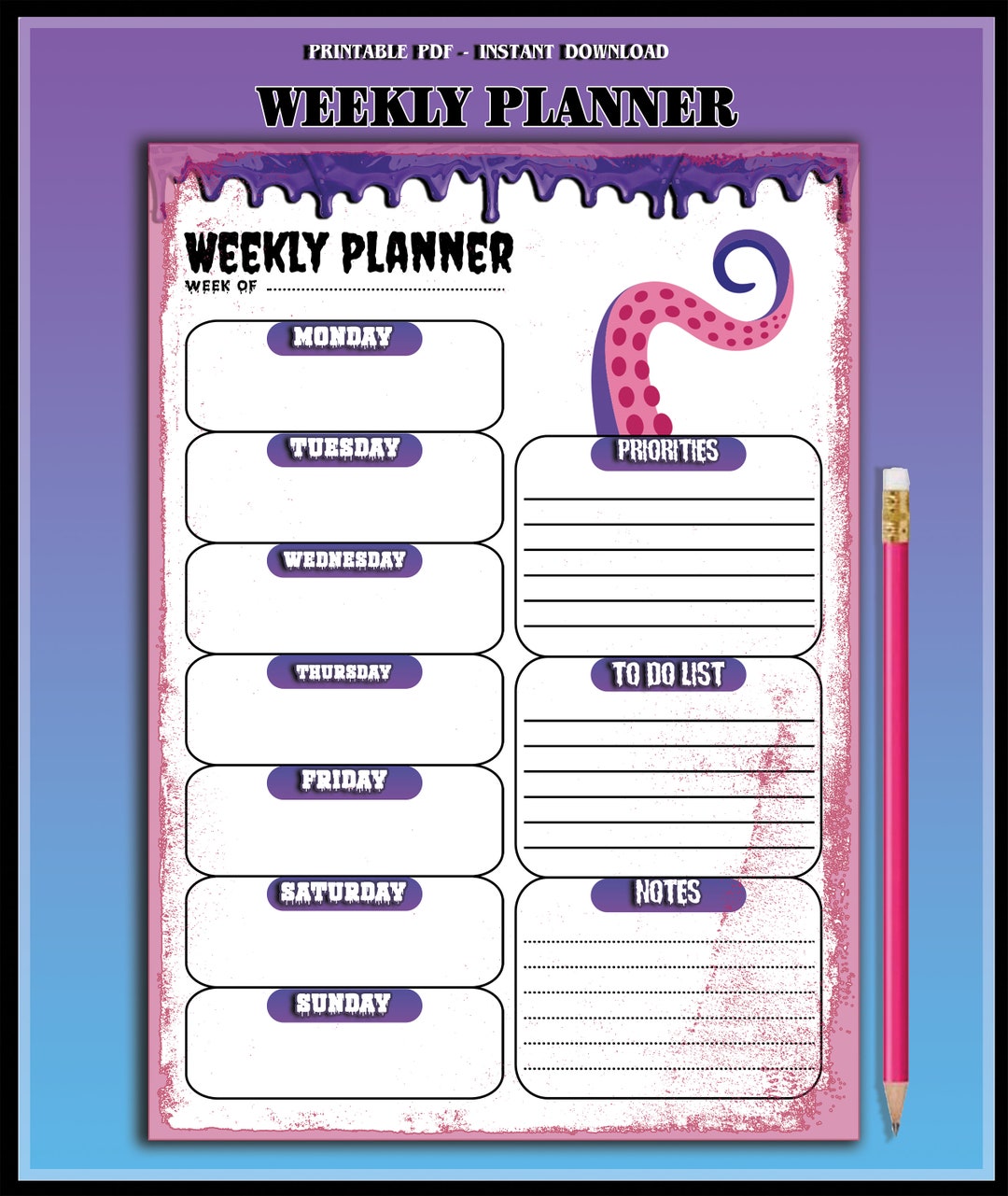 Instant Weekly Planner Download/tentacle/horror Themed/weekly Planner ...