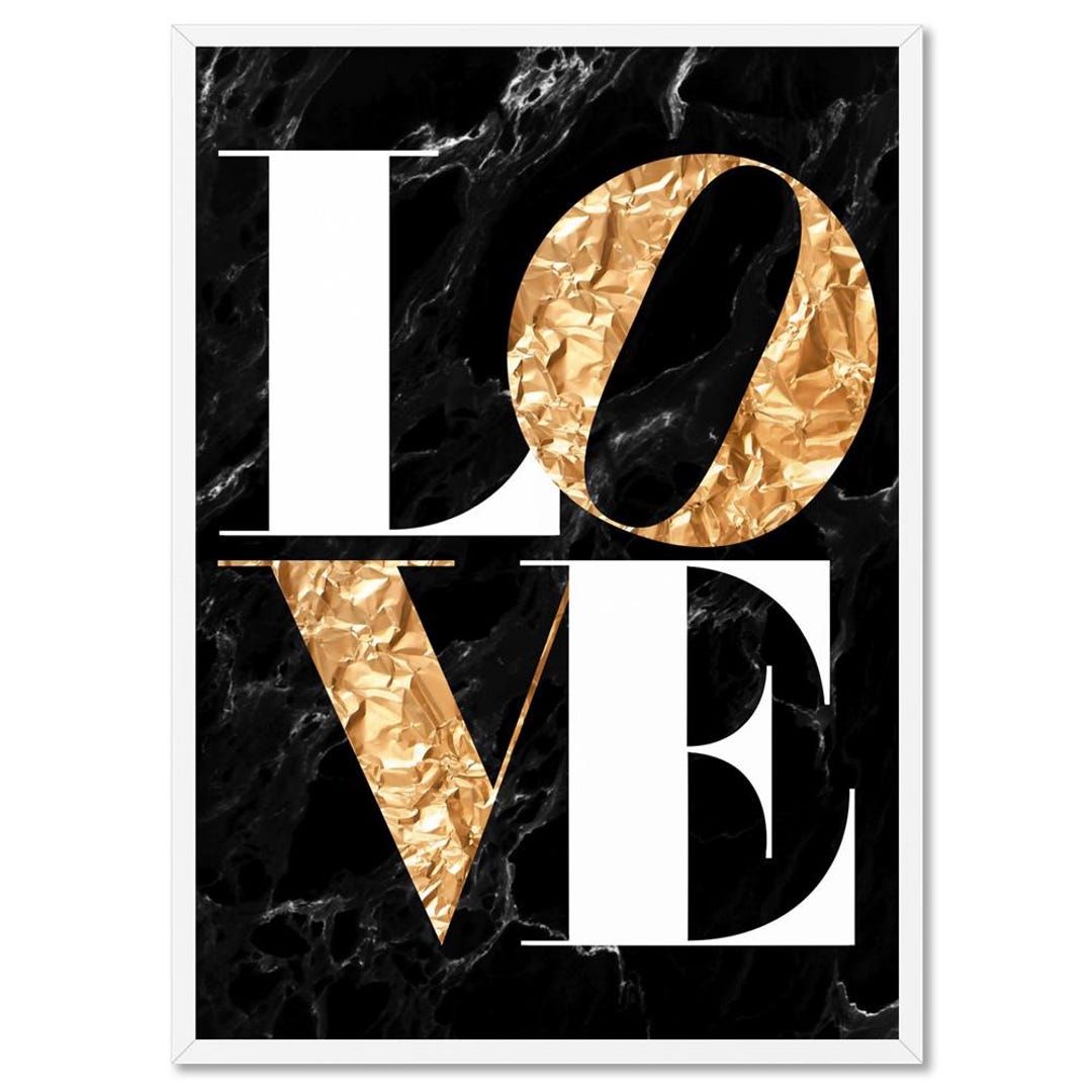 Iconic LOVE Typography Print. Gold Look Letters. Black Marble. Luxe ...