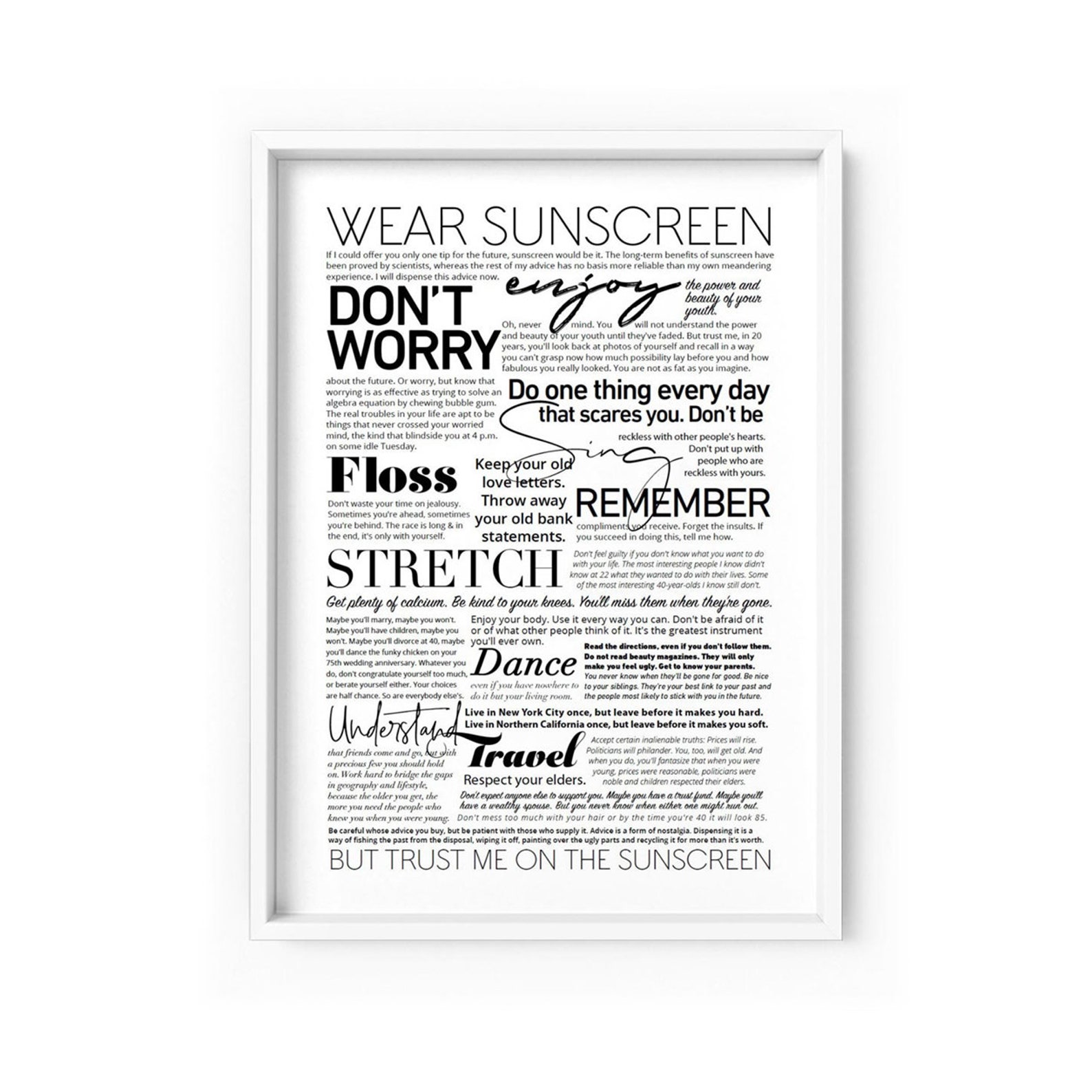 Everybody's Free to Wear Sunscreen Lyrics. Typography | Etsy