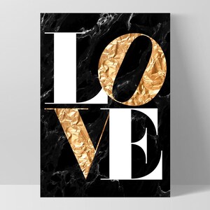 Iconic LOVE Typography Print. Gold Look Letters. Black Marble. Luxe ...