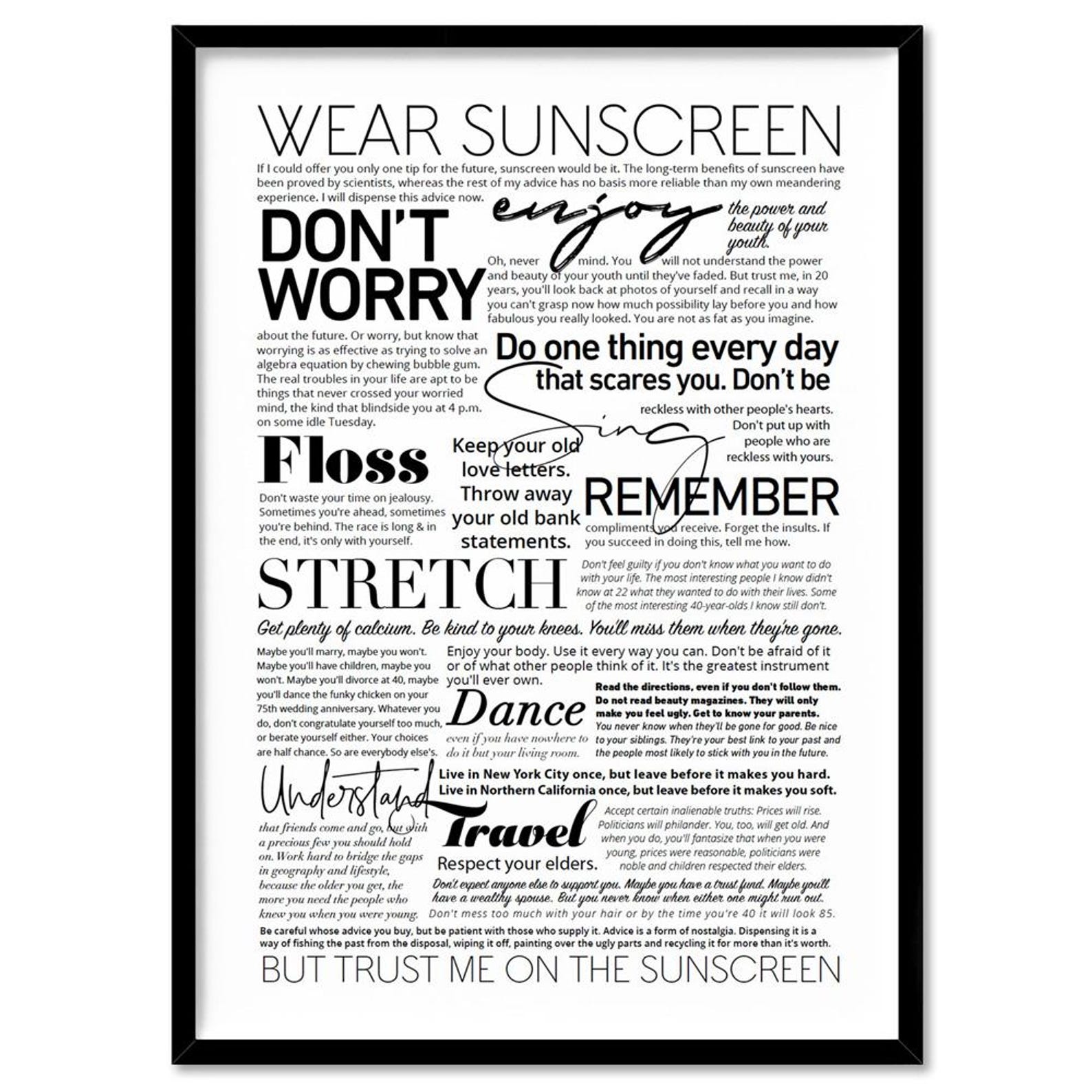 Everybody's Free (to Wear Sunscreen) Lyrics. Typography Wall Art Print ...