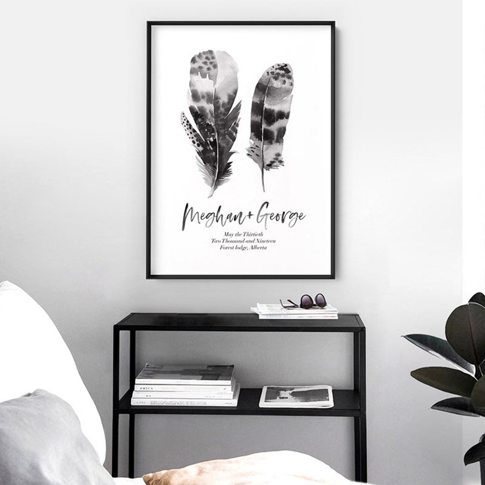 Custom Couple Feather Art Print. Personalised Watercolour - Etsy