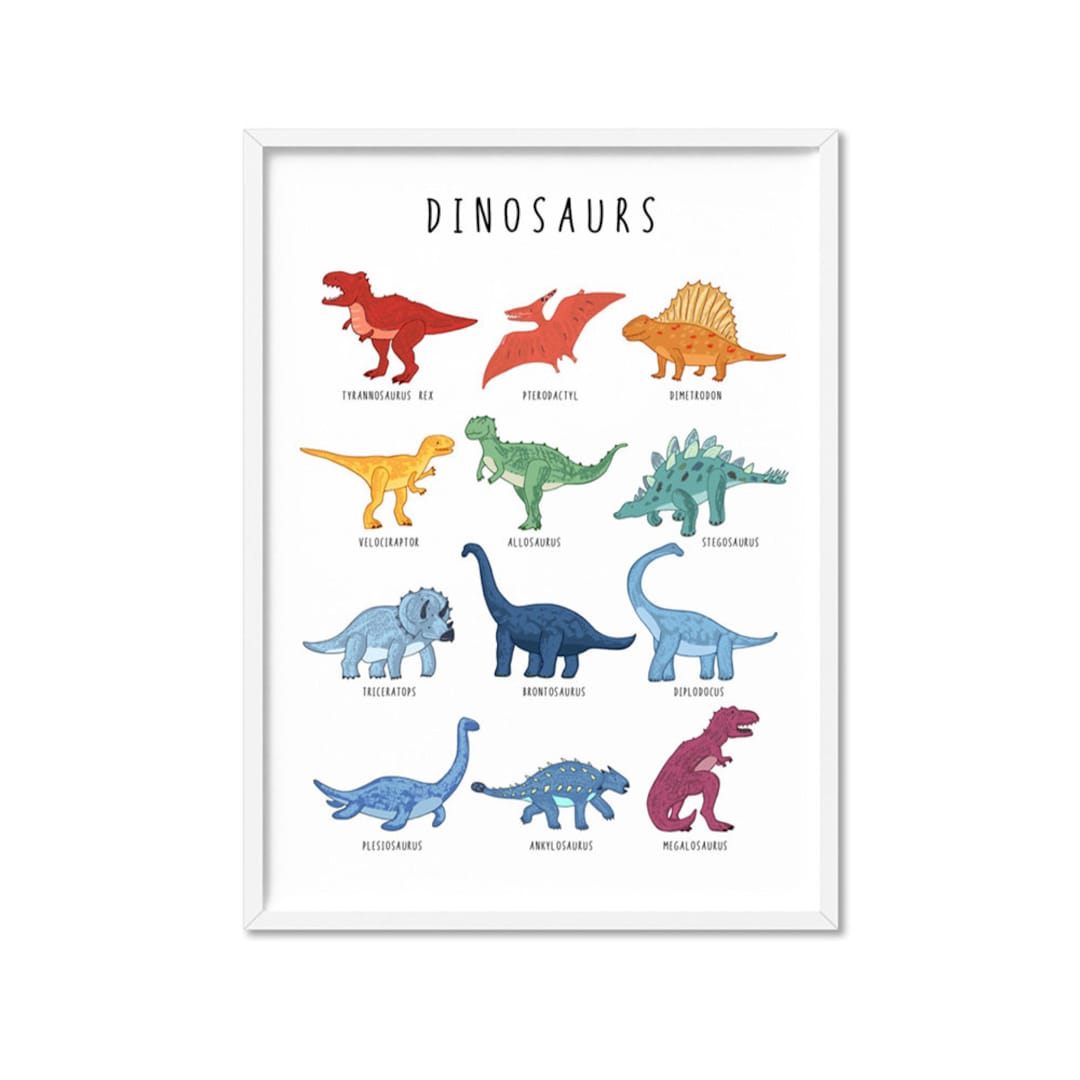 Dinosaurs Chart Art Print. Colourful Dinosaurs Poster for Kids or ...