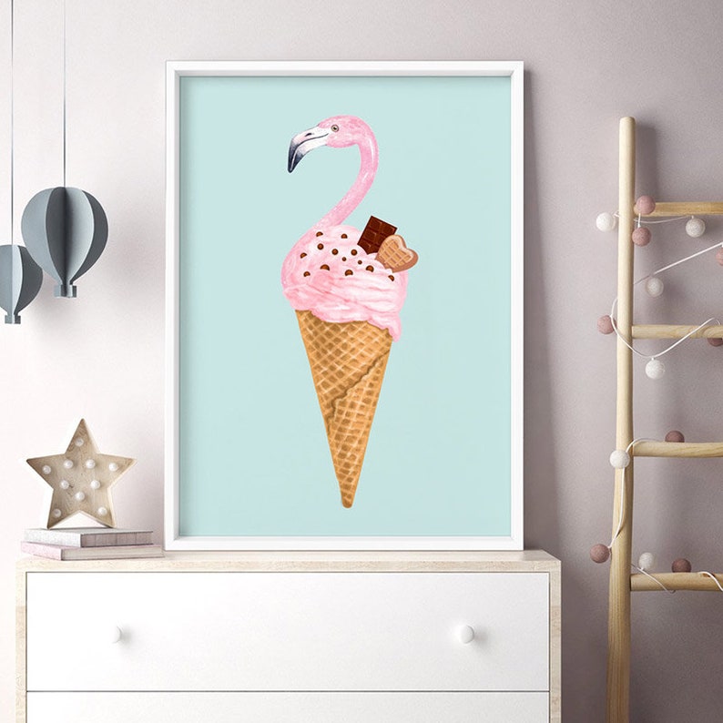 Flamingo Ice Cream Cone Illustration Art Print. Watercolour | Etsy