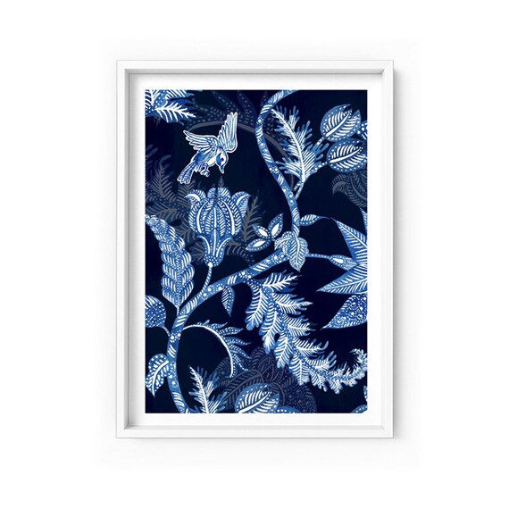Hamptons Wall Art Print. Classic Blue Paisley with Bird. | Etsy