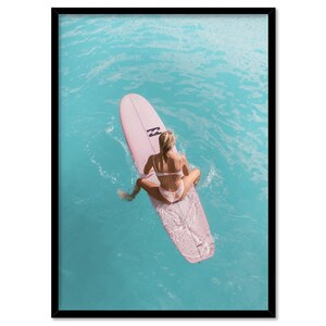 Surfer Girl Poster. Woman on Surfboard Art Print. Aerial Ocean ...