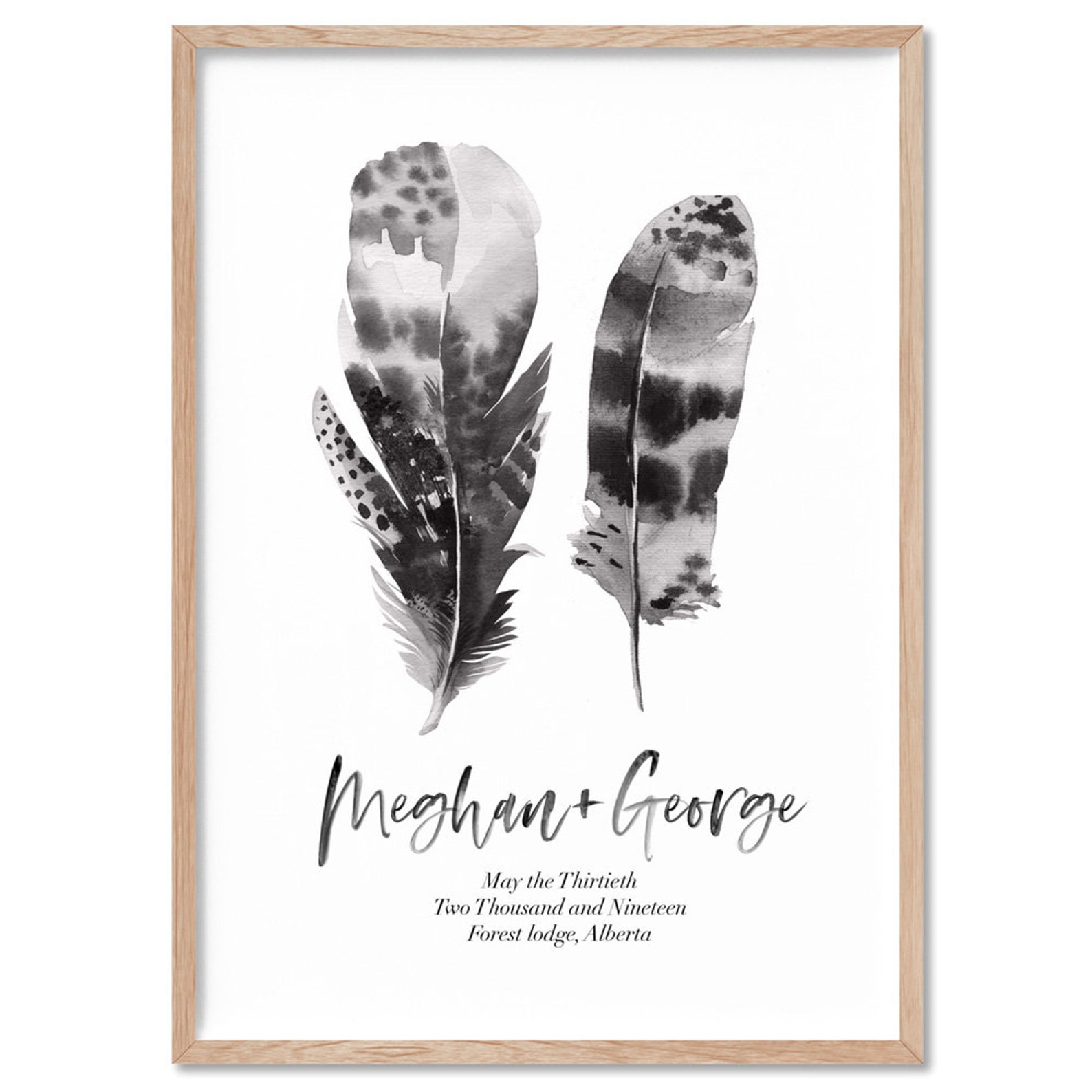 Custom Couple Feather Art Print. Personalised Watercolour - Etsy