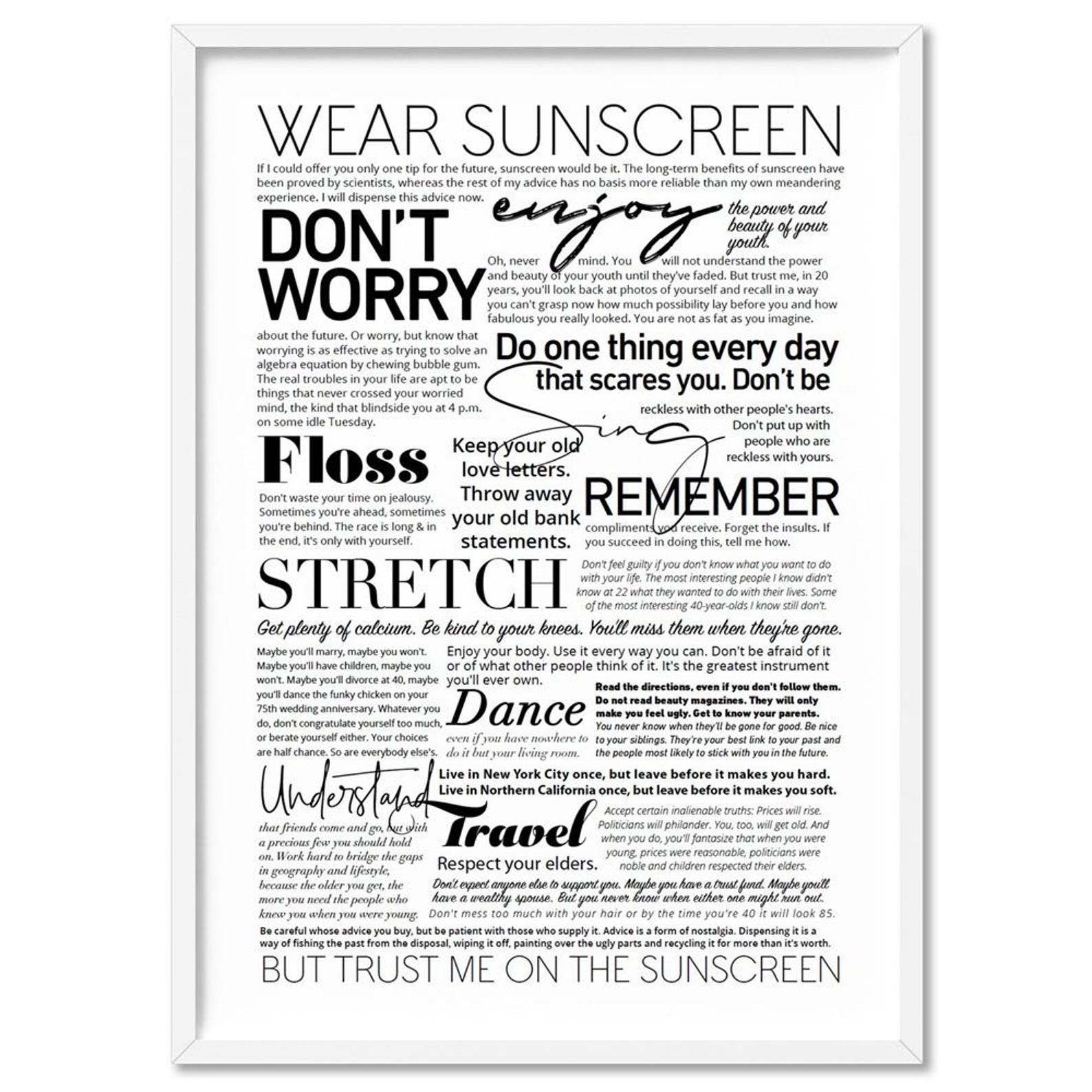 Everybody's Free (to Wear Sunscreen) Lyrics. Typography Wall Art Print ...