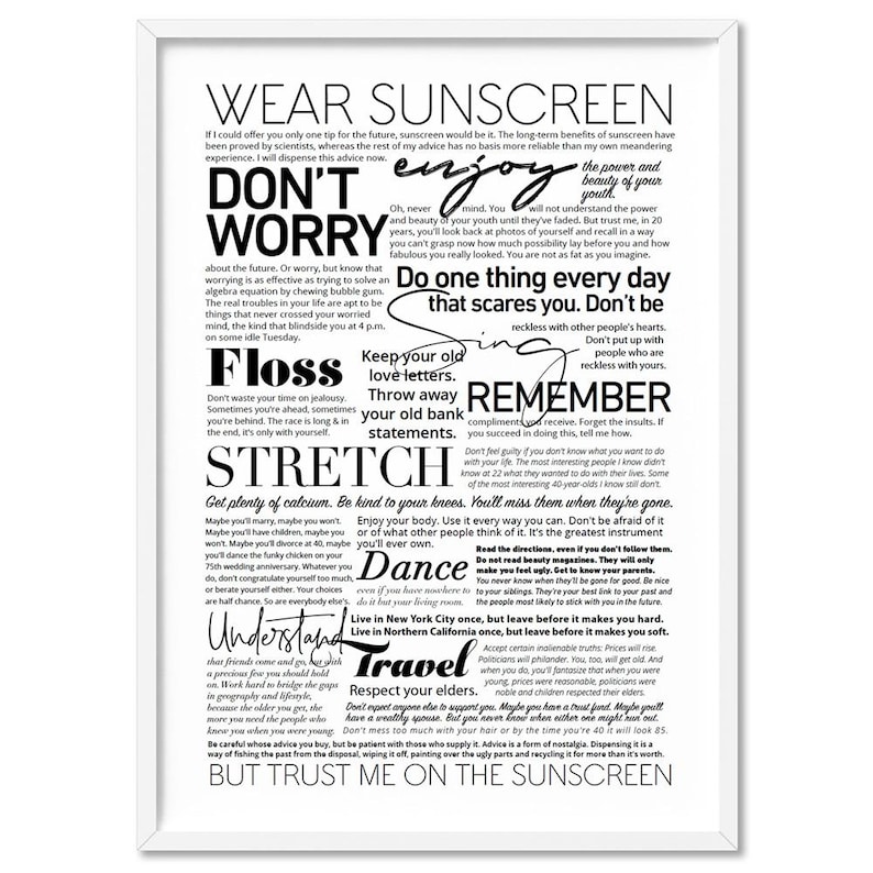 Everybody's Free (to Wear Sunscreen) Lyrics. Typography Wall Art Print ...