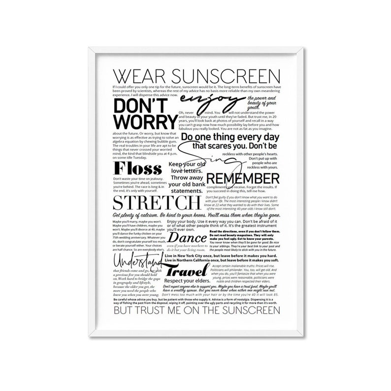 Everybody's Free to Wear Sunscreen Lyrics. Typography - Etsy