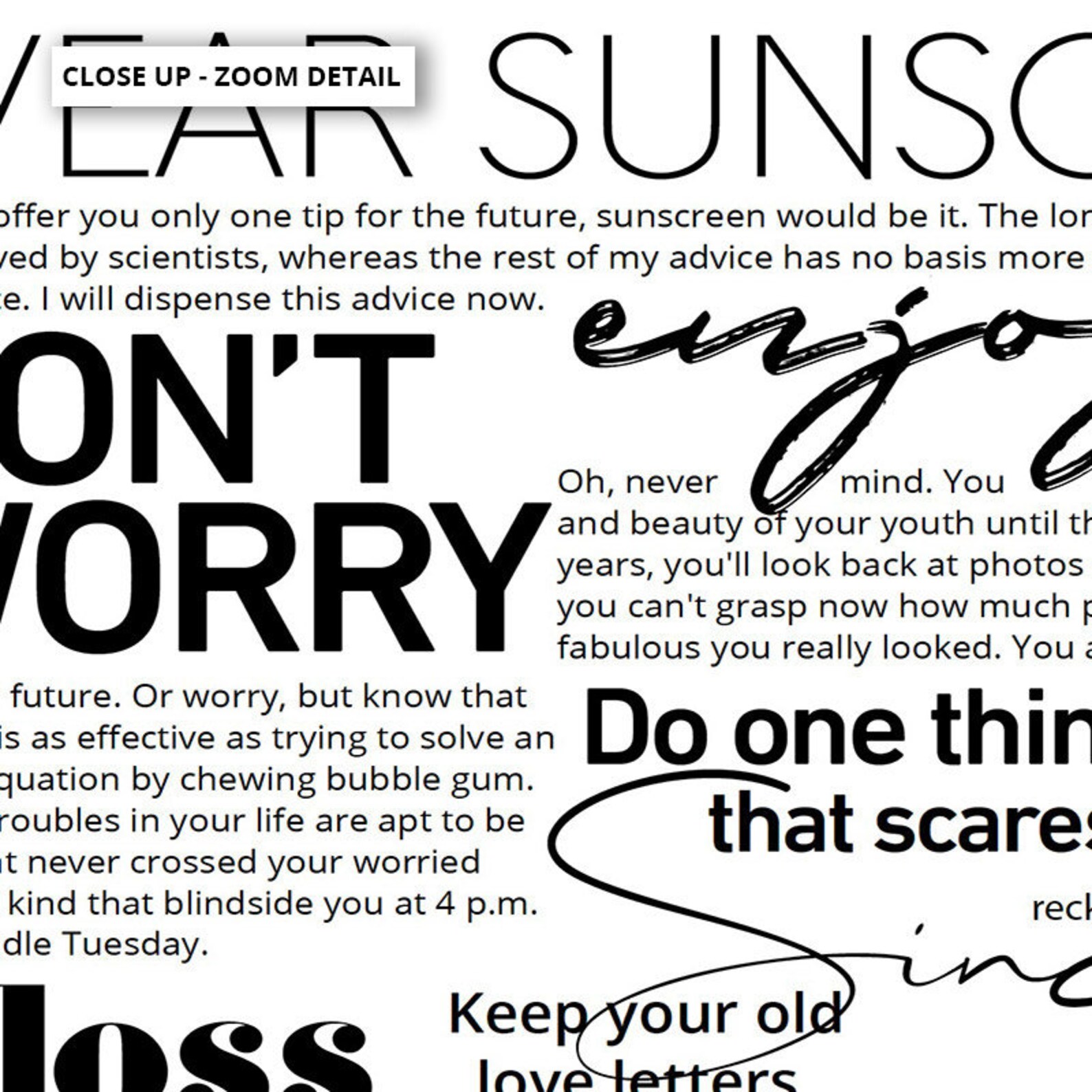 Everybody's Free to Wear Sunscreen Lyrics. Typography | Etsy UK