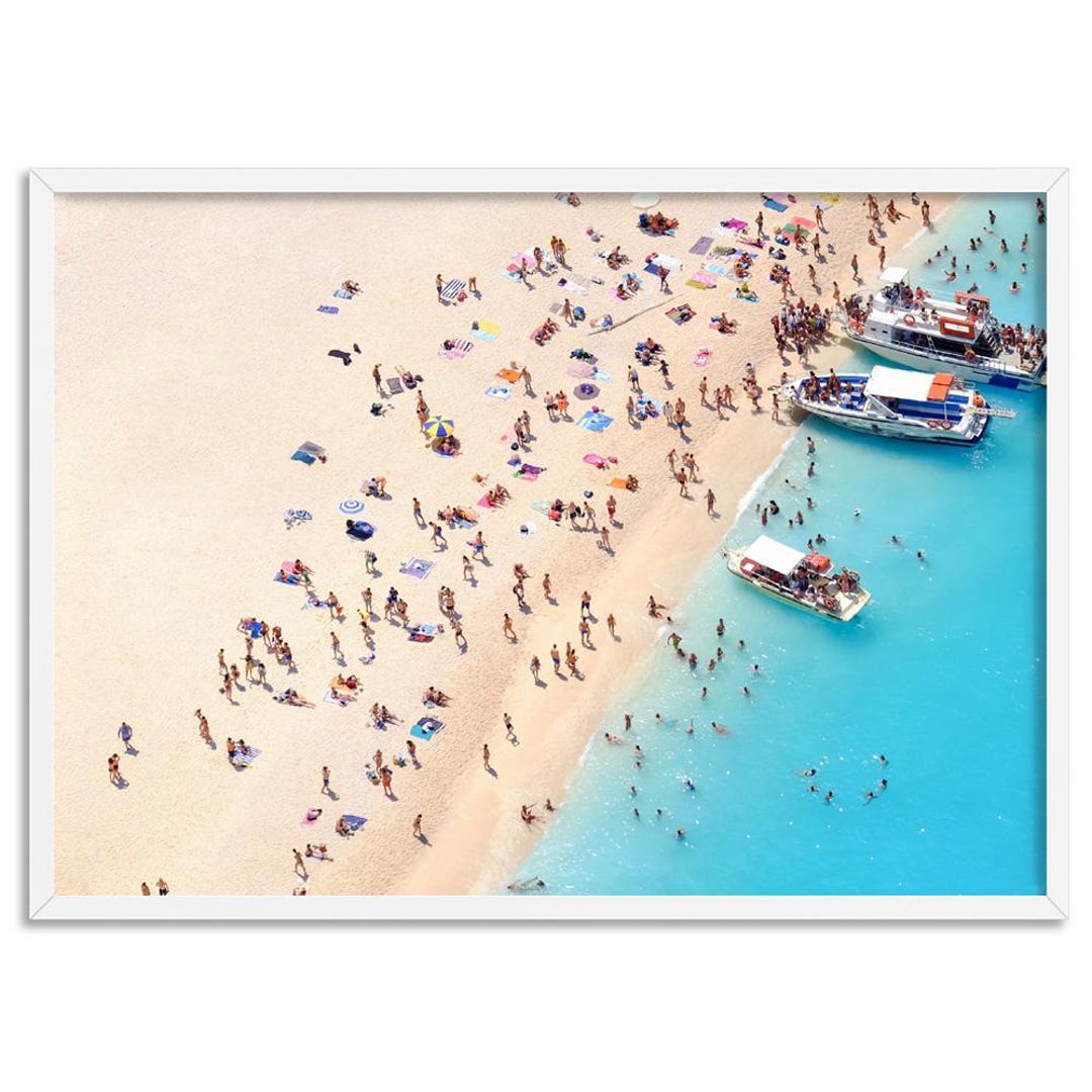 People on Beach in Summer Ocean Fun. Boats Docking on Crowded Beach ...