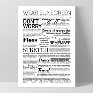 Everybody's Free (to Wear Sunscreen) Lyrics. Typography Wall Art Print ...