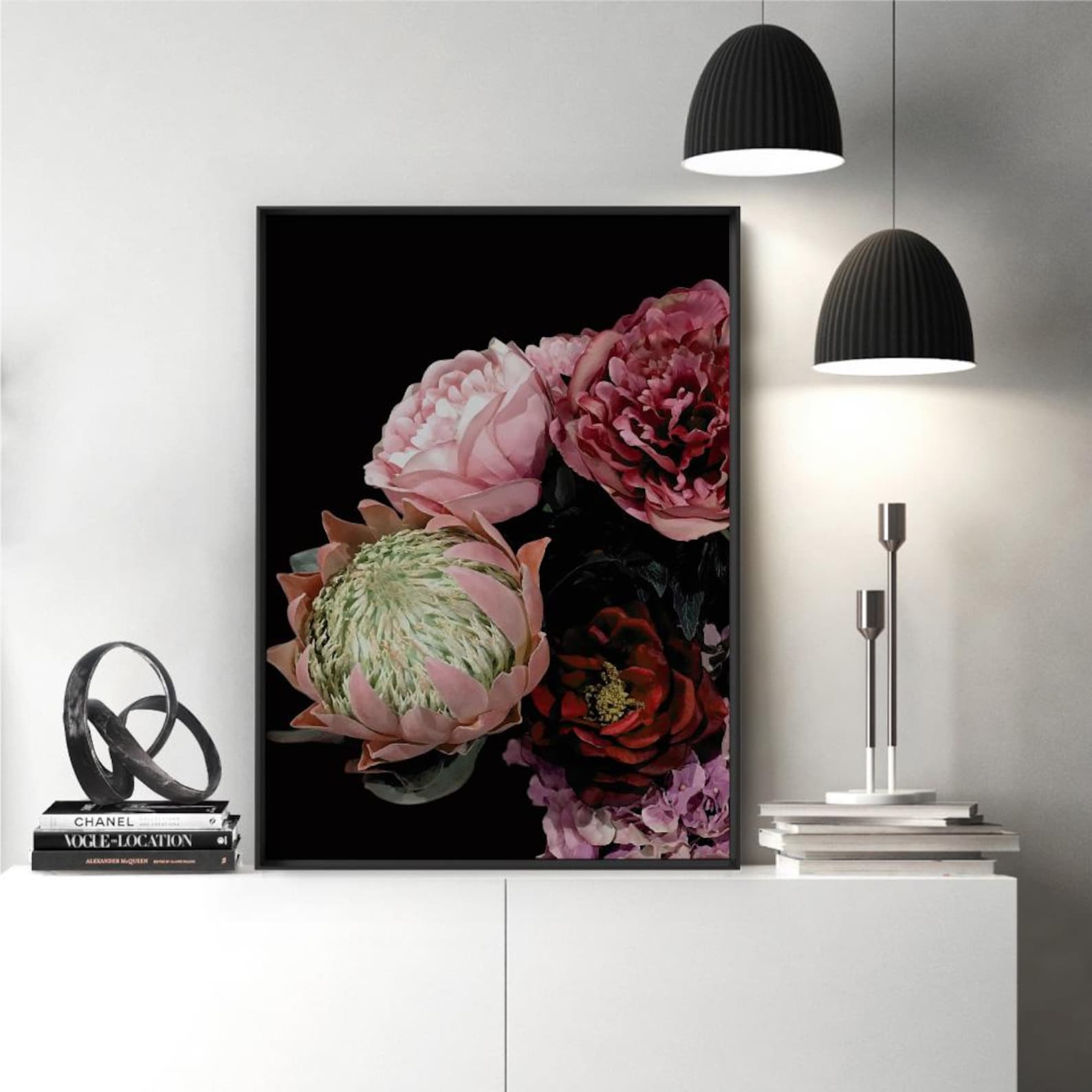 Floral Watercolour Art Print. Dark Dramatic Decor. Framed Wall Art or ...