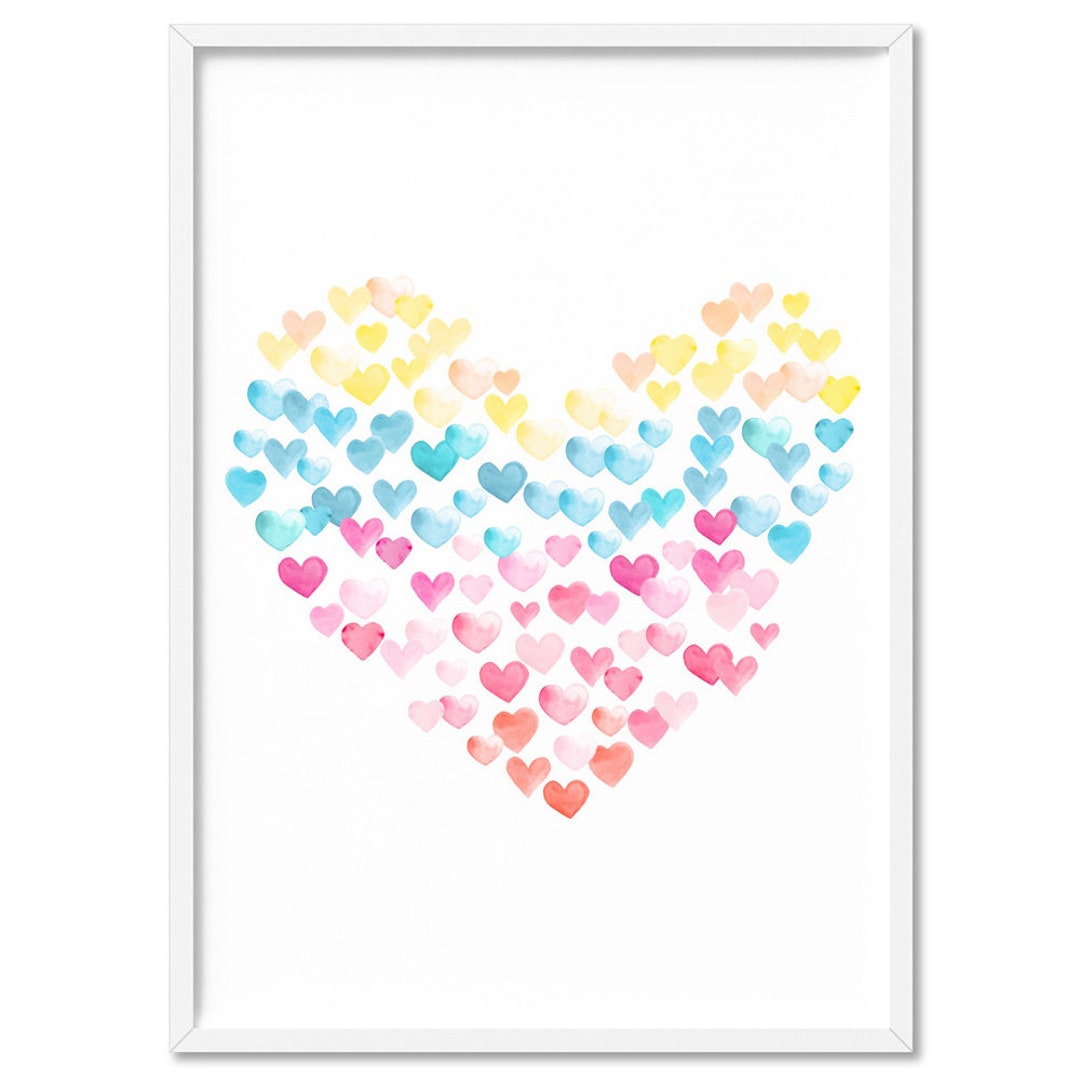 Pastel Rainbow Love Hearts Art Print. Watercolour Hearts in Heart ...