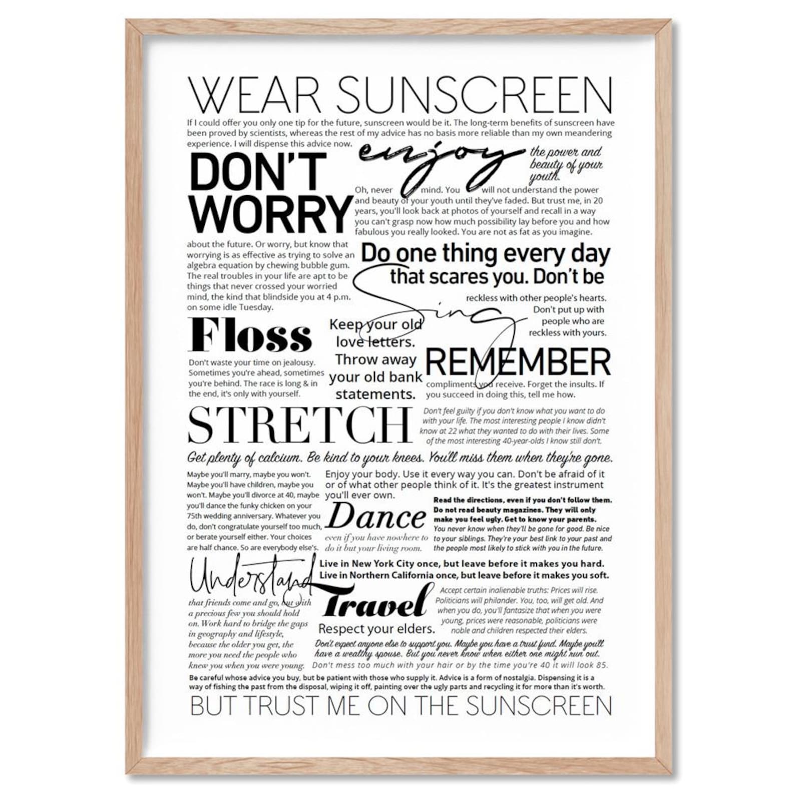 Everybody's Free (to Wear Sunscreen) Lyrics. Typography Wall Art Print ...