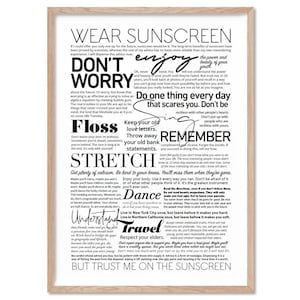 Everybody's Free (to Wear Sunscreen) Lyrics. Typography Wall Art Print ...