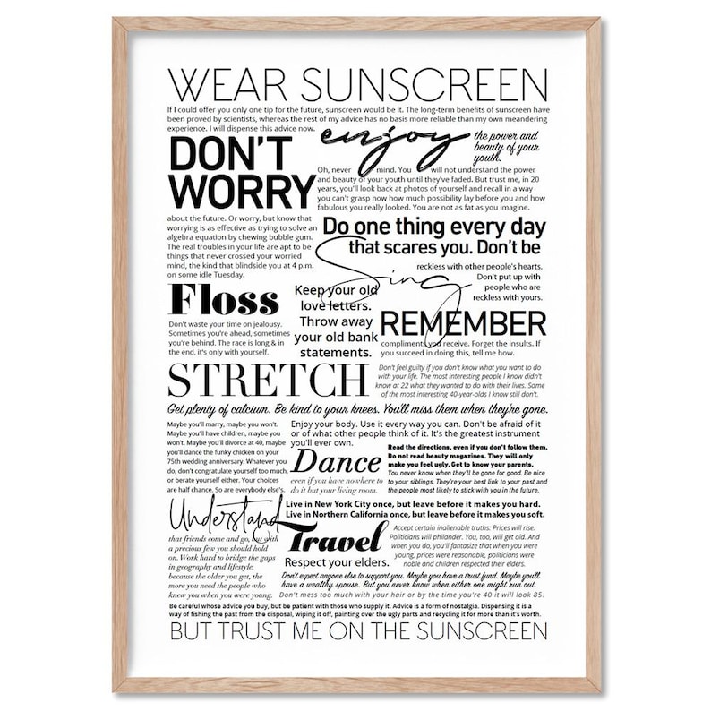 Everybody's Free (to Wear Sunscreen) Lyrics. Typography Wall Art Print ...