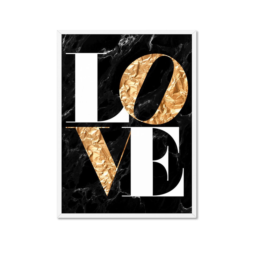 Iconic LOVE Typography Print. Gold Look Letters. Black Marble. - Etsy