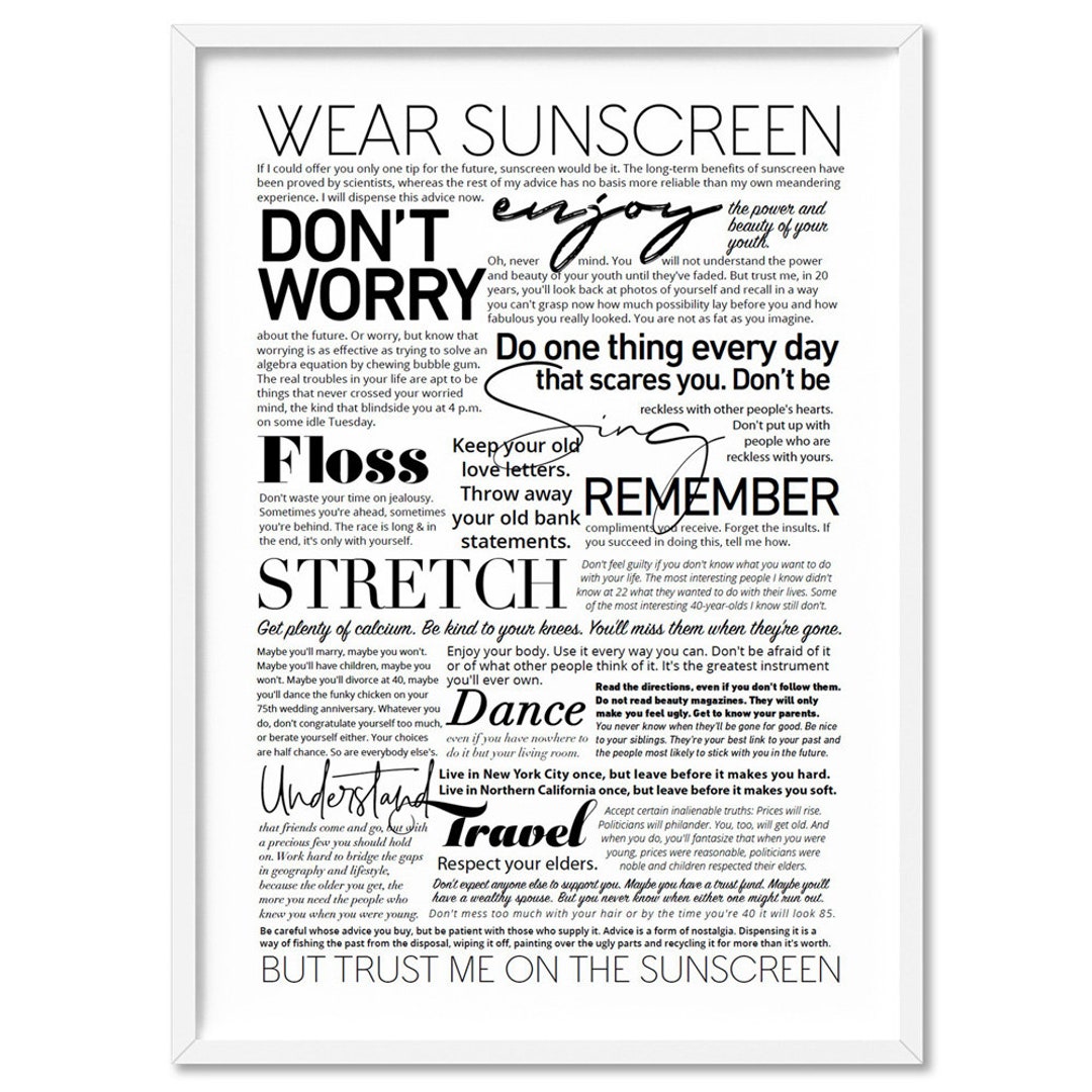 Everybody's Free to Wear Sunscreen Lyrics. Typography Wall Art Print ...