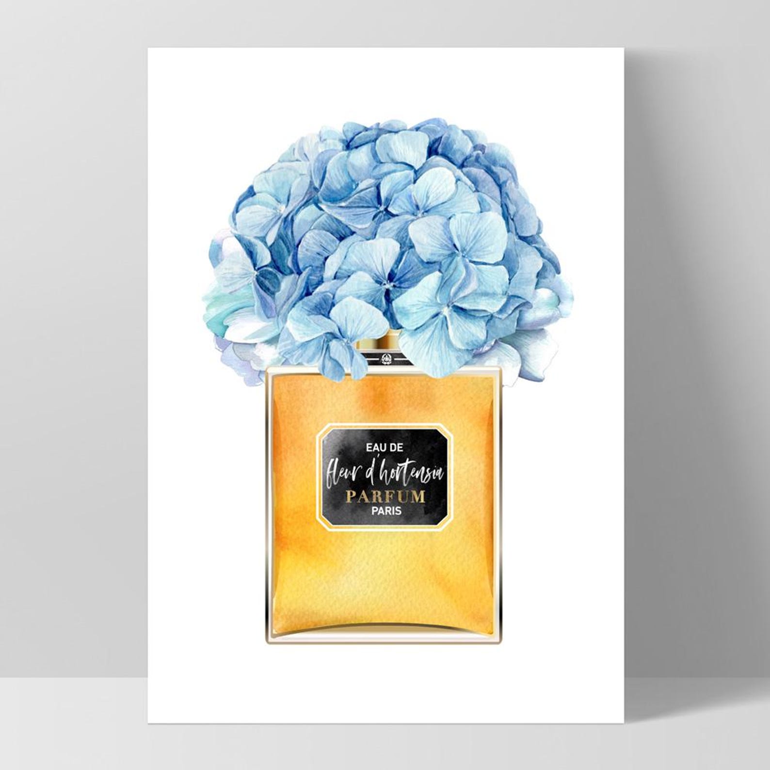 Perfume Bottle Wall Art. Eau De Parfum. Blue Watercolour Flowers. Chic ...