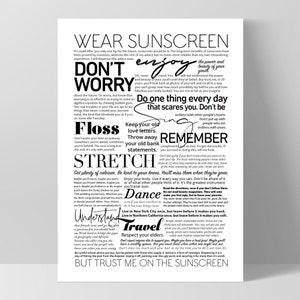 Everybody's Free to Wear Sunscreen Lyrics. Typography Wall Art Print ...