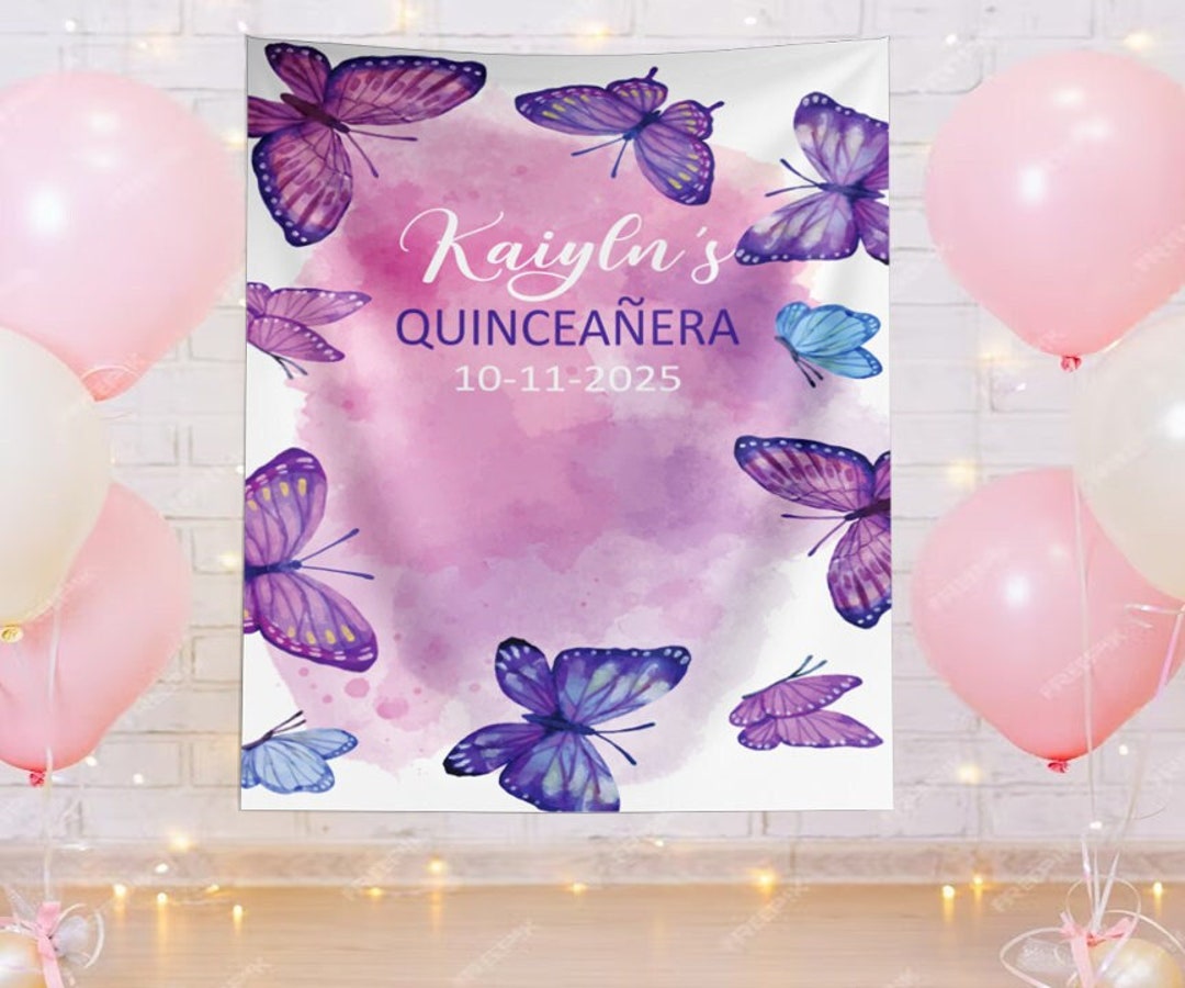 Quinceanera Party Backdrop, Butterfly Pink and Purple Quinceanera Party ...