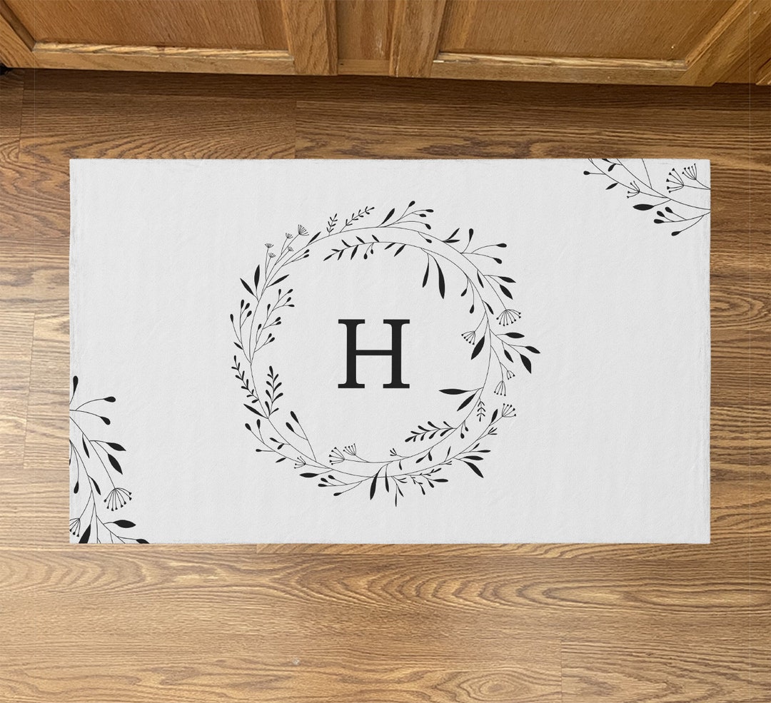 Personalized Kitchen Mat: Family Initial Floral Wreath, USA Made - Etsy