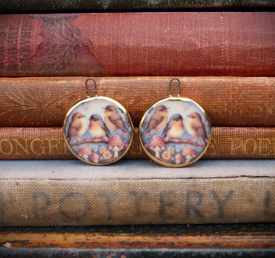 Handmade Ceramic Three Little Song Birds Sat on a Branch Charms With a ...